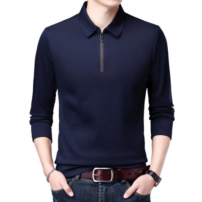 Polo Homme Col à Fermeture Éclair T-shirt Manches Longues Couleur Unie ...
