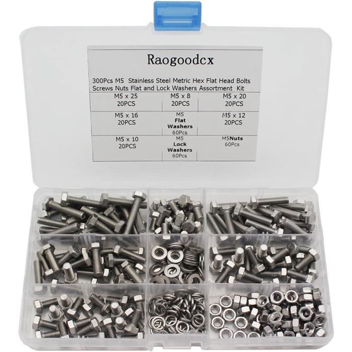 Lot de 300 boulons M5 en acier inoxydable métrique hexagonale Tête plate Boulons Vis 8 mm 10 mm ...