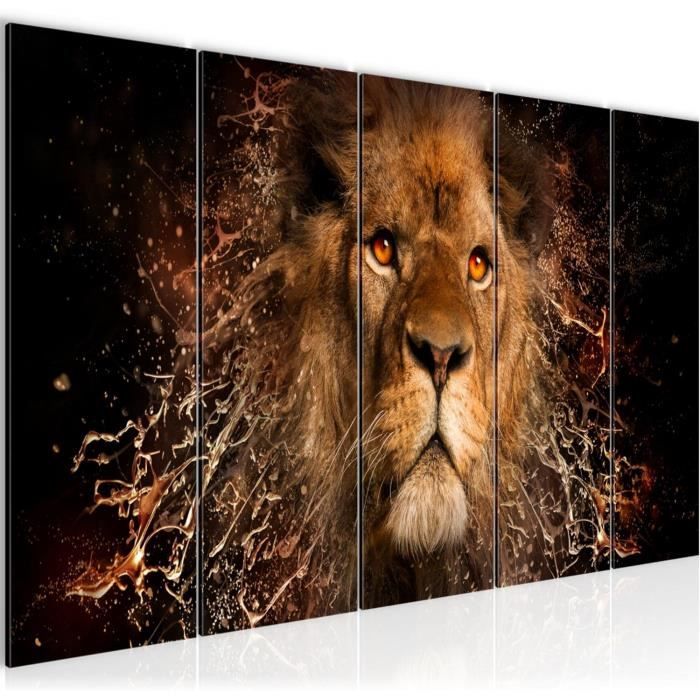 Tableau Mural Xxl Lion D'Afrique 200 X 80 Cm Noir Or 5 Parties ...