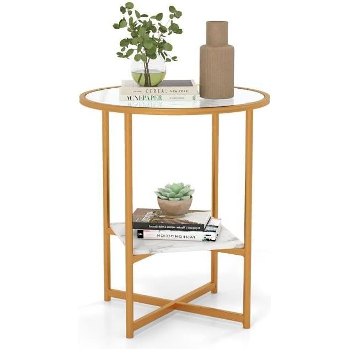 COSTWAY Table Basse Ronde en Verre à 2 niveaux, avec Étagère en Faux ...