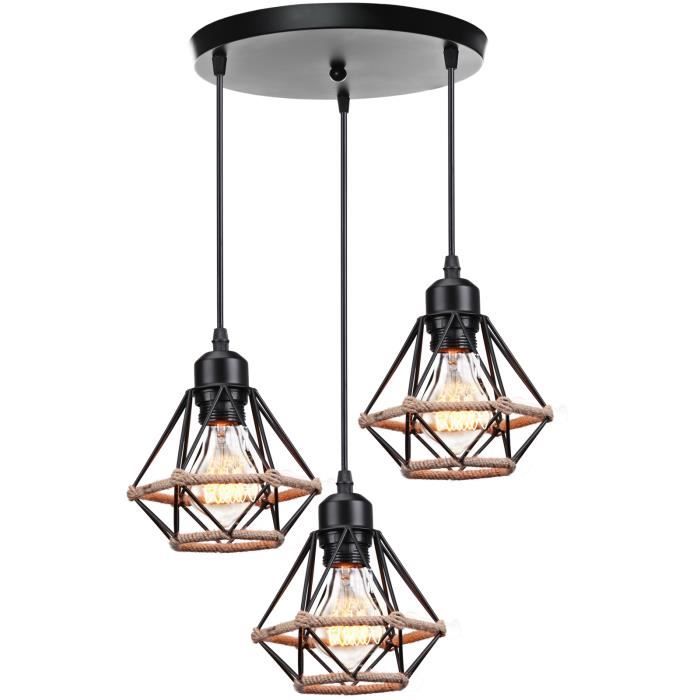 Lustre Vintage Industriel en Forme Diamant Suspension 3 Lumières E27 Lampe en Métal et Corde ...