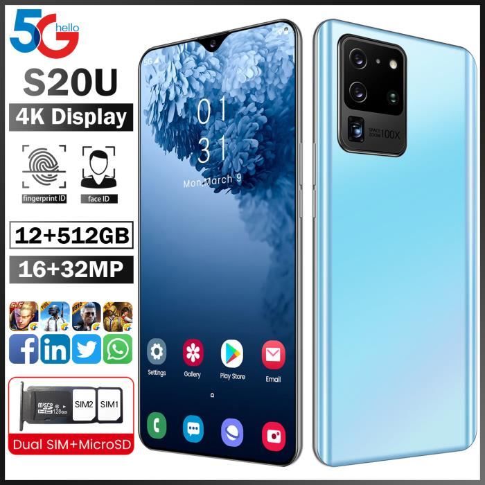 Blue S20U version mondiale 12 go 512 go Smartphone celulaire 6.5"4K ...
