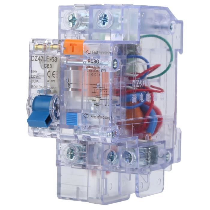 Zerone Disjoncteur transparent Disjoncteur DZ47LE-63 1P + N C63 Disjoncteur de fuite à la terre ...