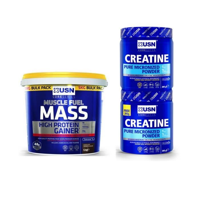 USN Muscle Fuel Mass Chocolat 5 kg + 1 Pack Créatine 205 + 205g OFFERT ...