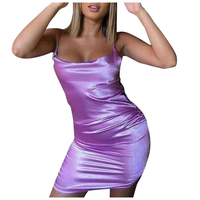 Robe à cordon de serrage sans manches à bretelles en satin de couleur unie pour femmes x25229 ...
