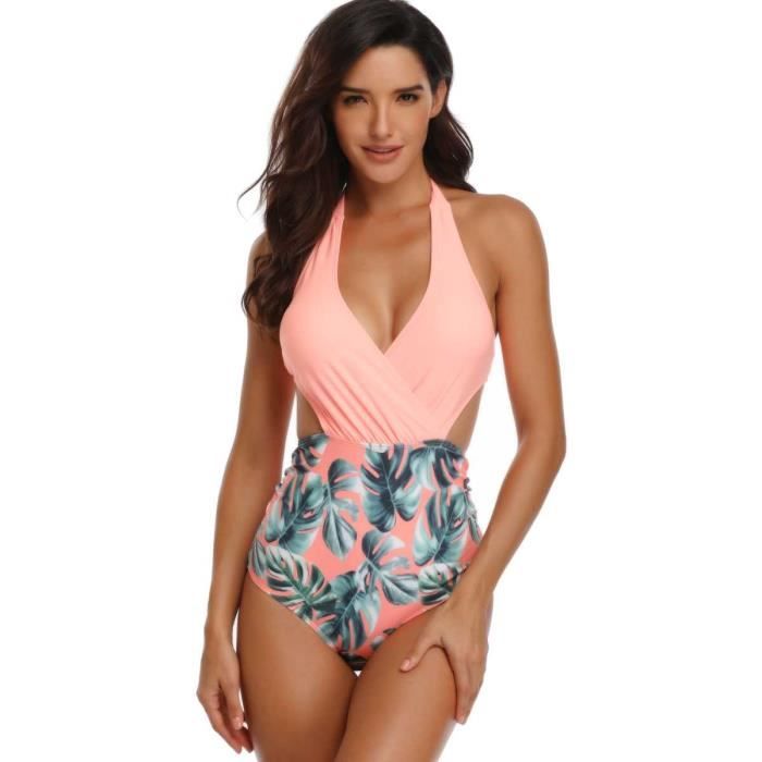 Maillot de Bain une Pièce Pour Femme Amincissant Cache Ventre Sexy Dos nu Halter Tankini Feuille ...