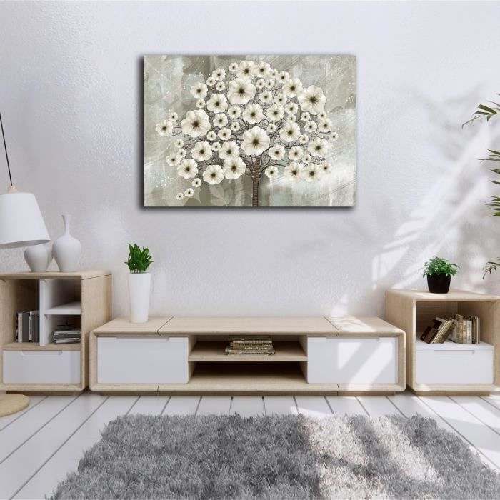Tableau Moderne Salon Arbre De La Vie Fleurs Blanc Abstrait Peintures ...