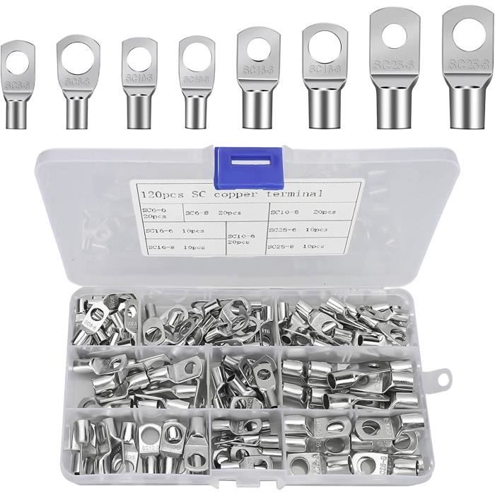 120 Pièces Cosses de Câble, Cosses Electriques Œillet en Cuivre Étamé trous de boulons ...