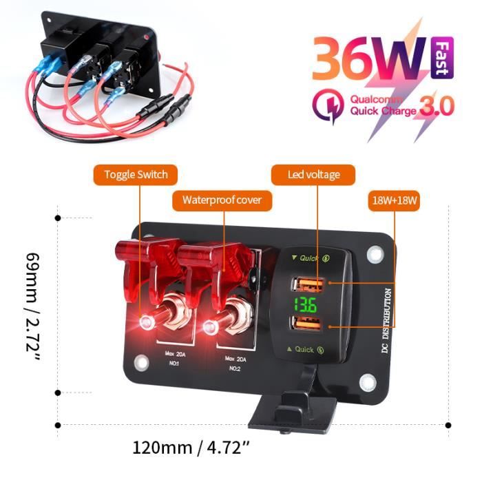 (2 Commutateur QC vert)Panneau d'interrupteur à bascule à bascule robuste 36 W QC 3 gangs 12 V ...