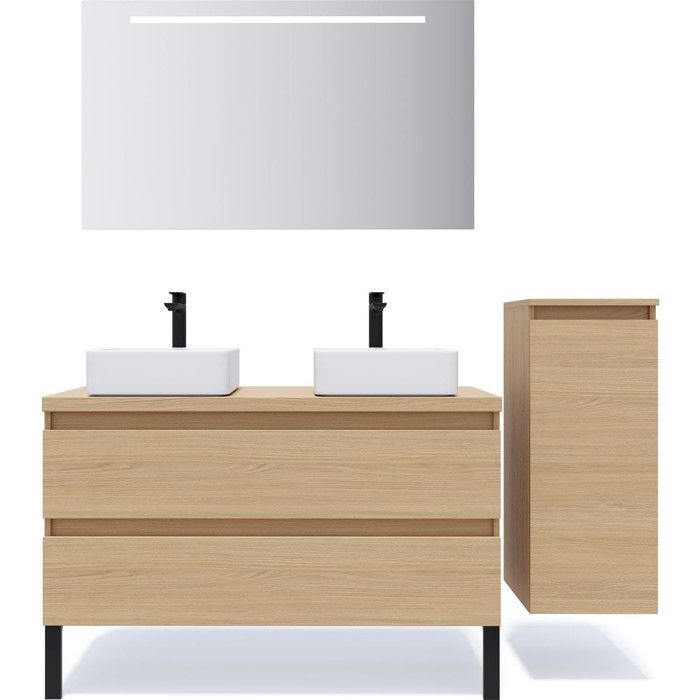Ensemble salle de bain 2 vasques posées 120cm 2 tiroirs Chêne + miroir ...