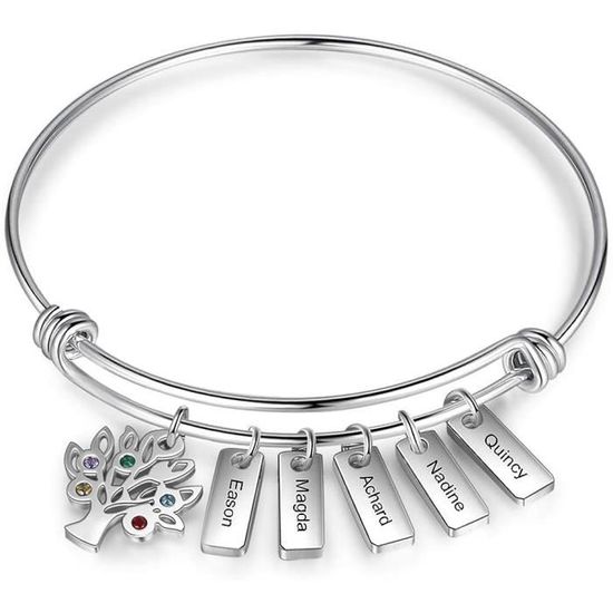Bracelet Jonc Femme Arbre De Vie Personnalisé Avec 2 À 7 Nom Gravure ...