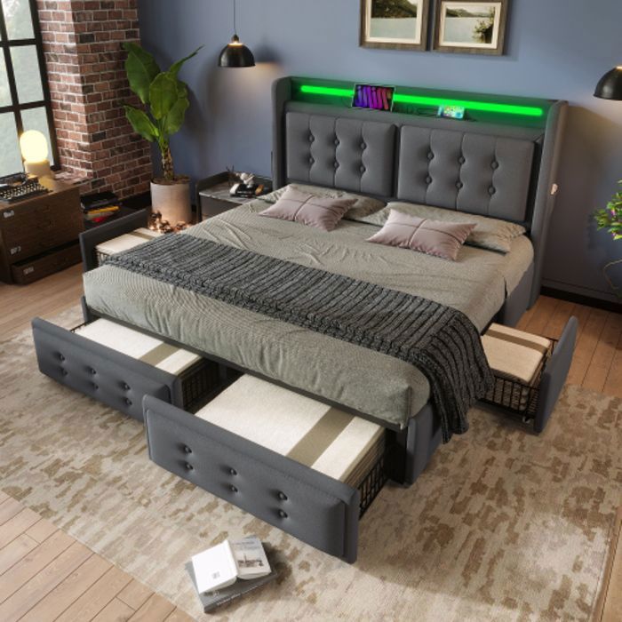 Lit double O.Ye180x200cm capitonné avec tête de lit LED et portUSB-C ...