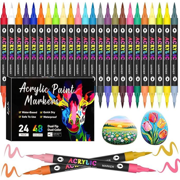 48-Color 24-Count Dual-Tip Acrylic Markers, Brush & Fine Nib Paint Pens ...