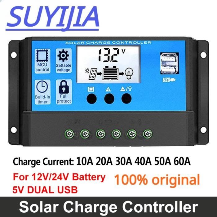 Charge solaire 20A-Contrôleur de charge solaire LiFePO4, PWM, 12V, 24V, batterie automatique ...