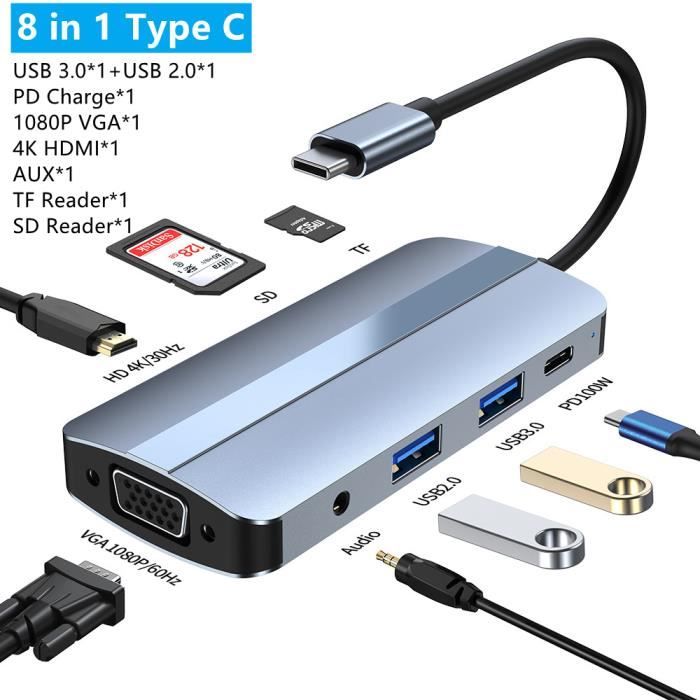 8 en 1 B - Type C Dock USB C Hub 3.0 Splitter Multiport adaptateur 4K HDMI RJ45 SD-TF VGA HDMI ...