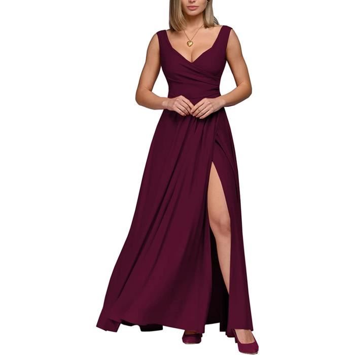 Femme Robe de Soirée Profond Col en V Longue Robe Plissée Taille Haute ...