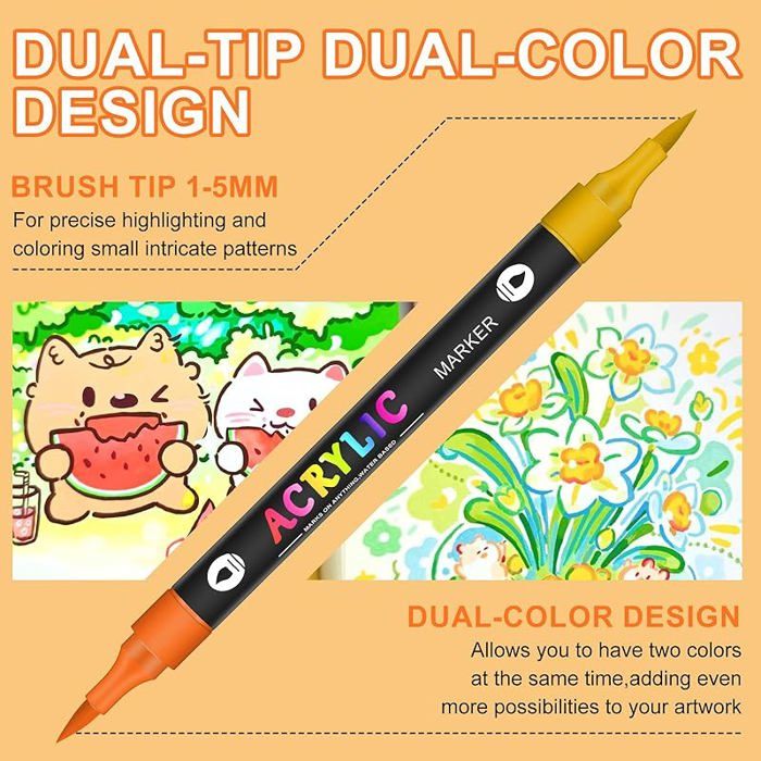 48-Color 24-Count Dual-Tip Acrylic Markers, Brush & Fine Nib Paint Pens ...
