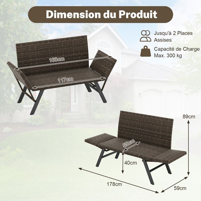Banc de Jardin-GIANTEX-en Rotin 2 Places-avec Fonction de Lit et ...