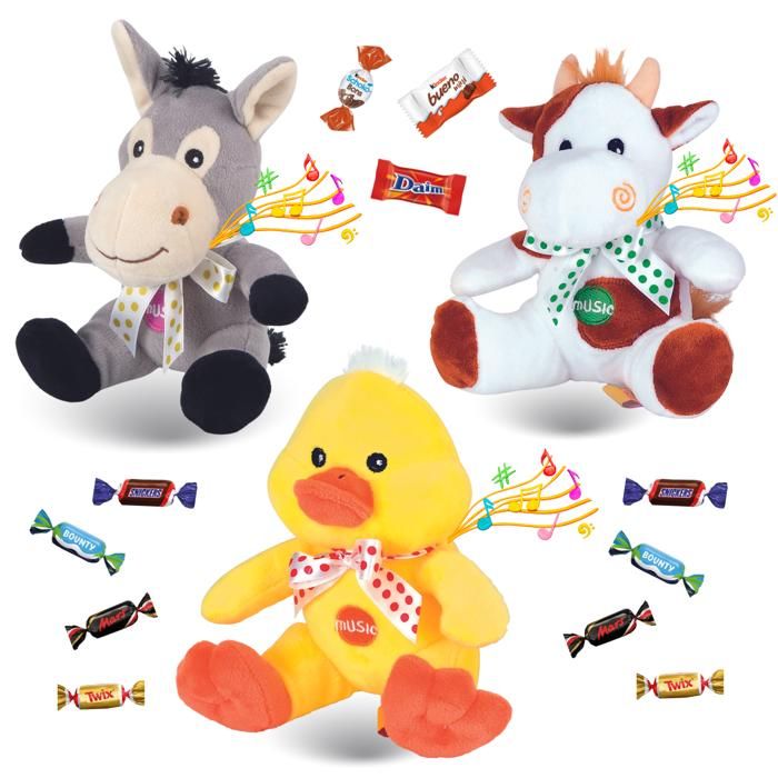 3 Peluches musicales et leurs assortiments de 20 chocolats KINDER ...