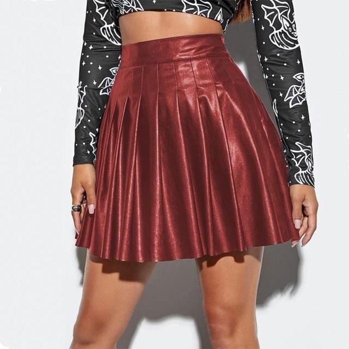 Jupe,Mini jupe plissée en cuir pour femme, tenue élégante, taille haute ...