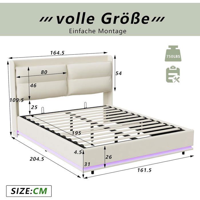 Lit Coffre 160x200, 2 place LED & USB, double rembourré rangement ...