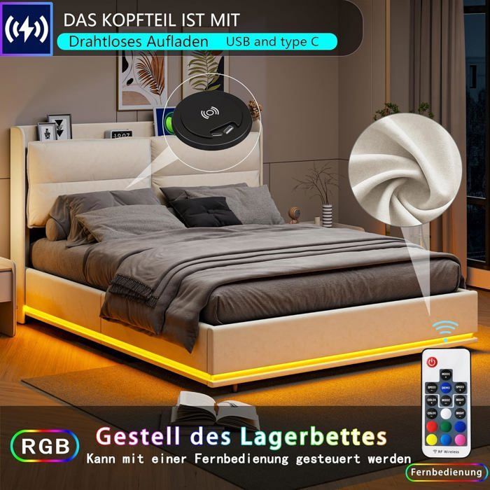 Lit Coffre 160x200, 2 place LED & USB, double rembourré rangement ...