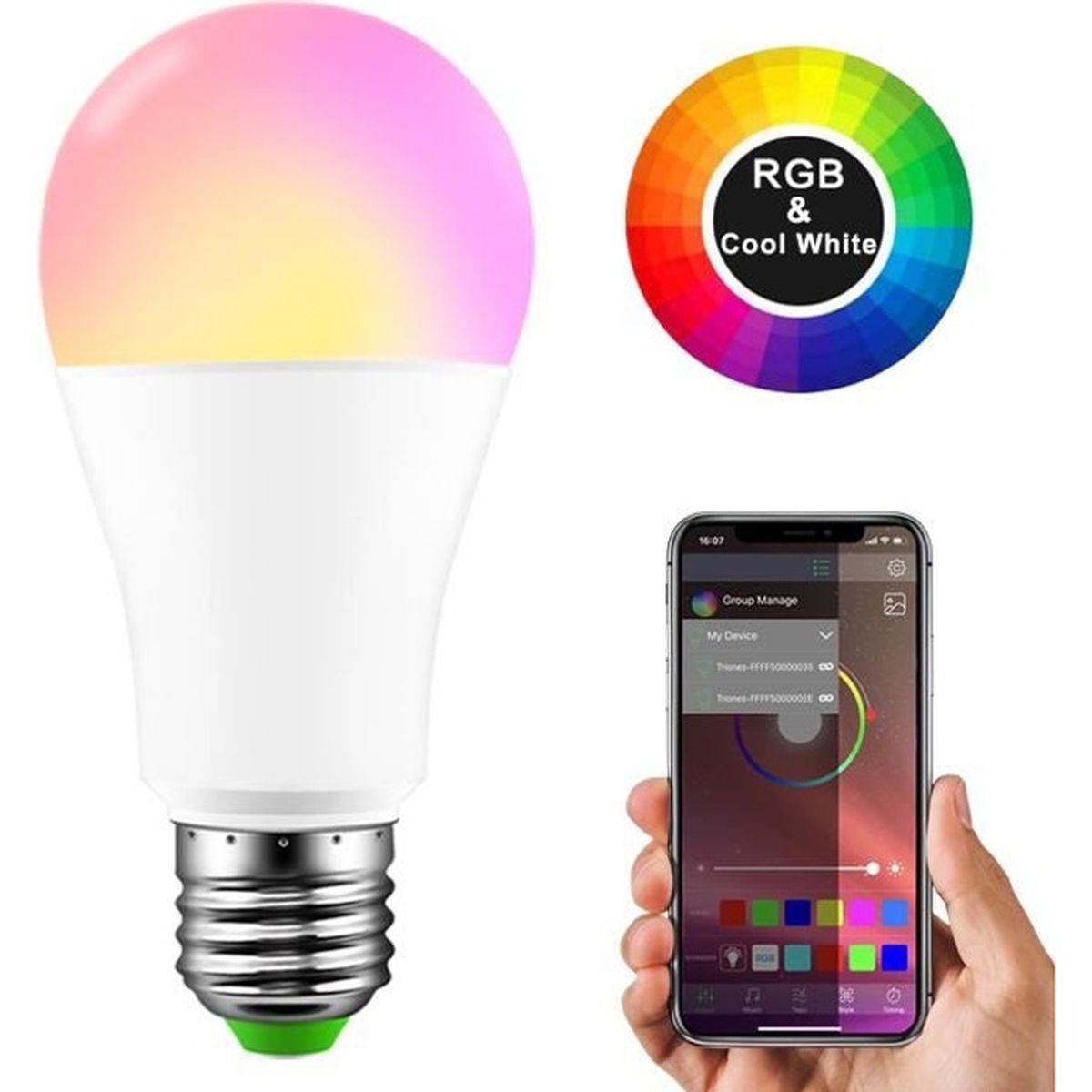 Ampoule LED intelligente Bluetooth E27 15W Commande de musique vocale Lampe d'éclairage RGBW ...