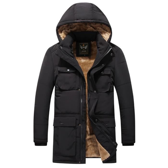 Manteau Homme Capuche Hiver Doublé Polaire Veste Mi-longue Epaisse ...