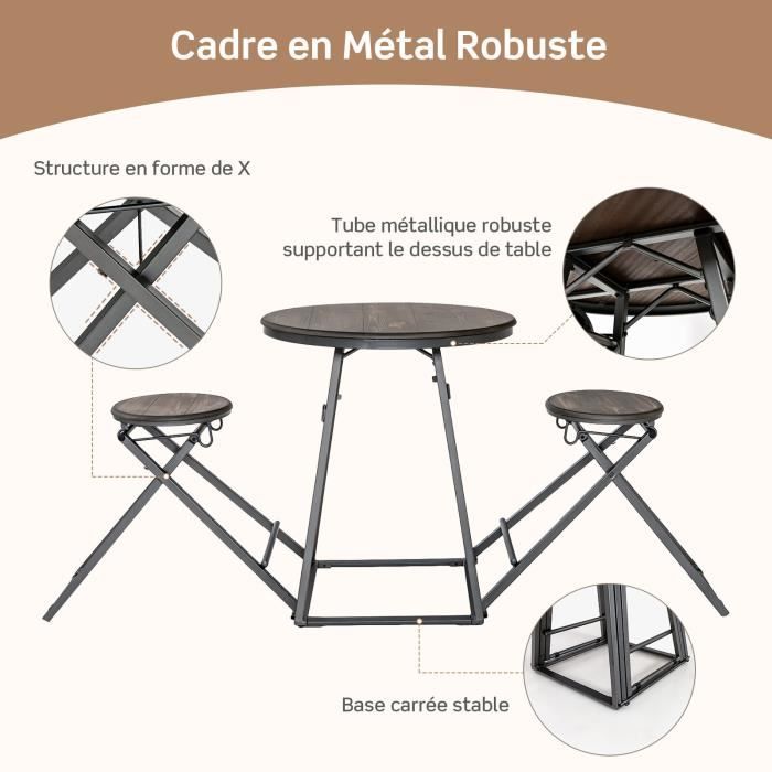 COSTWAY Ensemble de Table et 2 Tabourets Pliables, Cadre en Métal ...