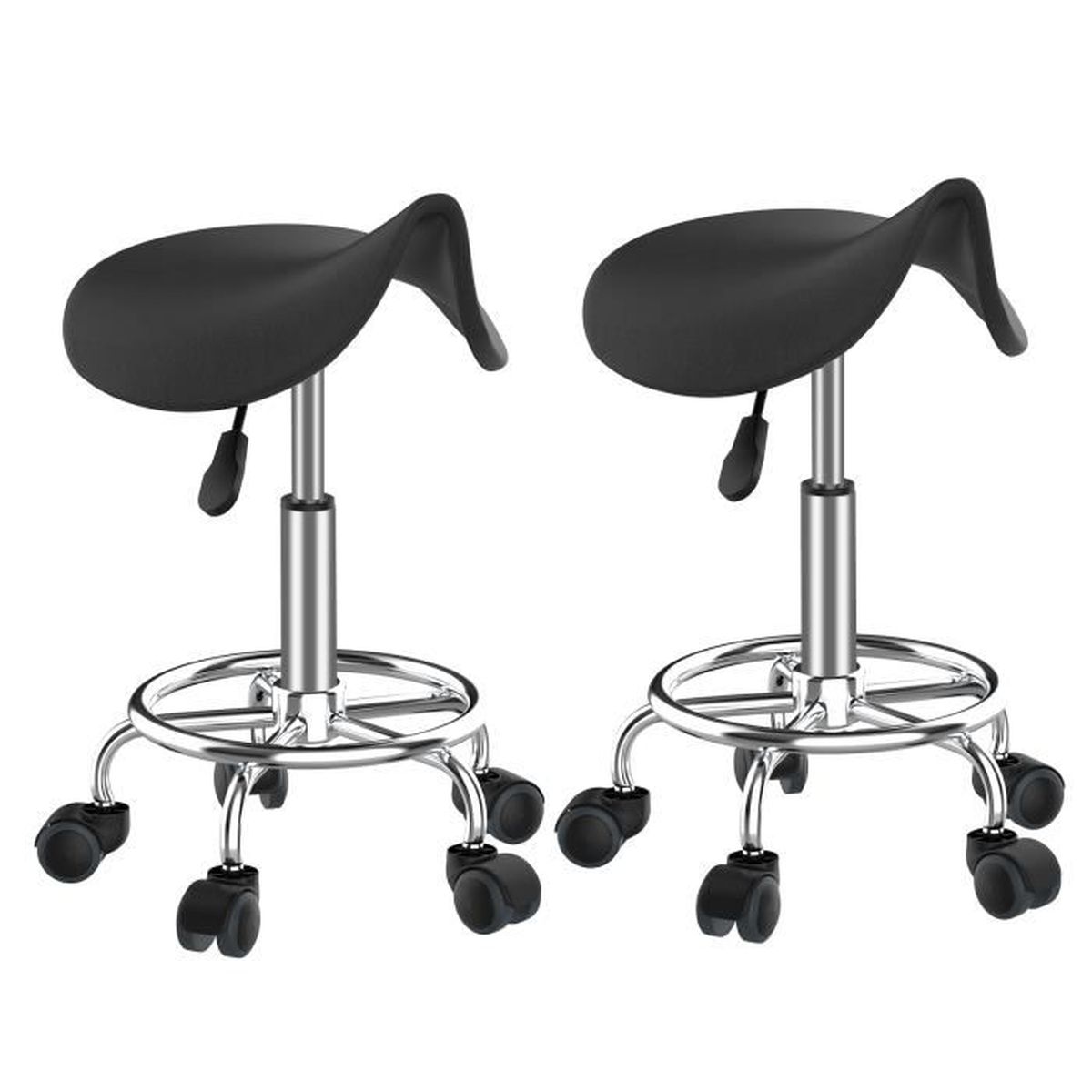 Lot de 2 Tabouret de selle avec roulettes Réglable en hauteur Pivotant ...
