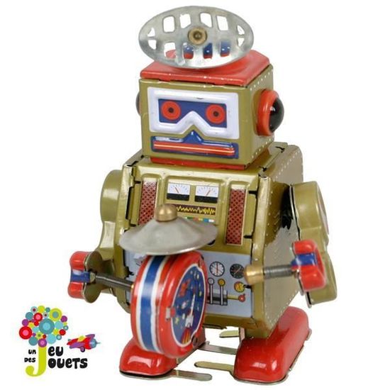 Petit robot jaune tambour cymbale Jouet mecanique en tole a cle Jouets ...