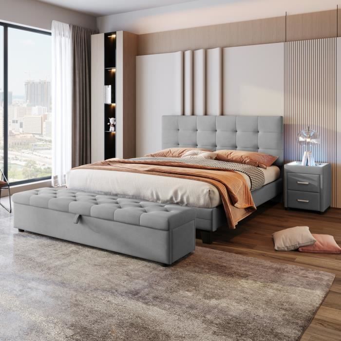 Lit double + table de chevet + tabouret de lit pour rangement, deux ...