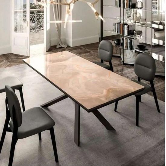 Table extensible Réctangle 4x4 en Marbre et piétement Métal Bronze - Cdiscount Maison