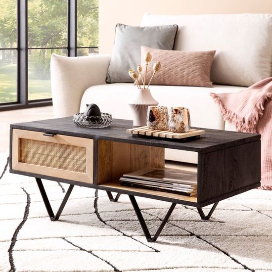 WOHNLING Table Basse Bois Massif Rotin 90x45x37 cm Table Salon ...