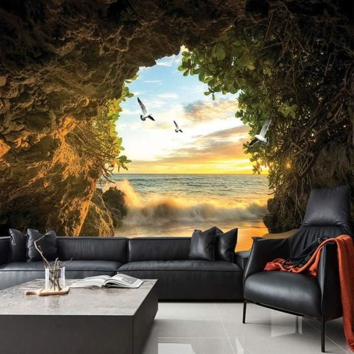 Fond D'Écran 3D Mural Coucher De Soleil Ciel Grotte Océan Papier Peint ...