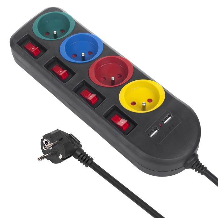Multiprise - Maclean - MCE229 B - 4 prises + 2xUSB - Interrupteurs ...