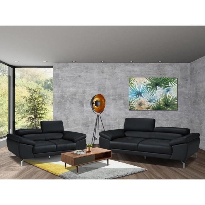 Canapé 3+2 places en cuir de buffle GRETEL - Noir - VENTE-UNIQUE - Fixe - Contemporain - Design ...