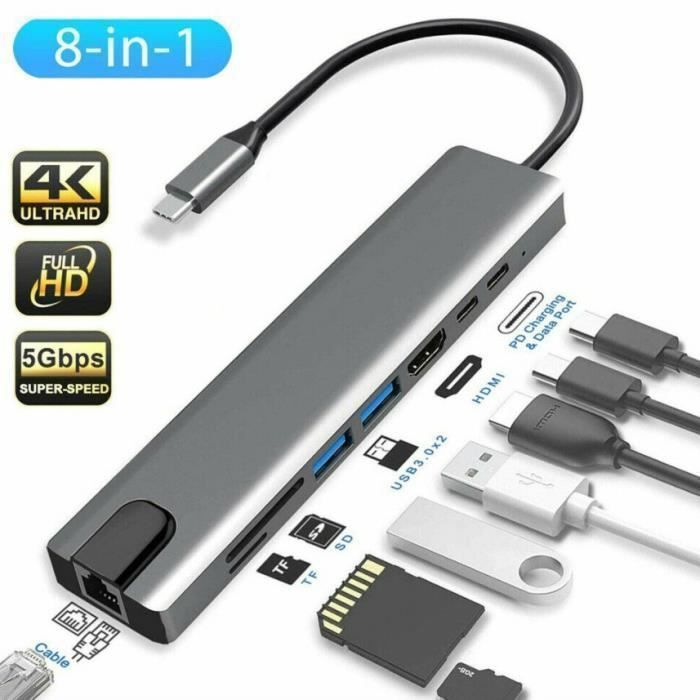 8 en 1 Concentrateur USB C, type C, RJ45, avec HDMI 4K, USB 3.0 ...