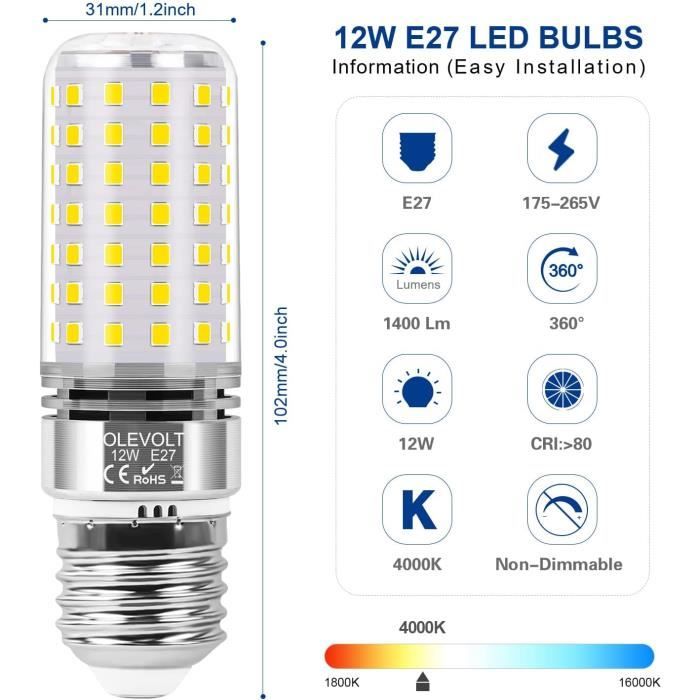 Led E27 Ampoule 12W Blanc Naturel 4000K E27 Ampoules Maïs Led 1400Lm ...