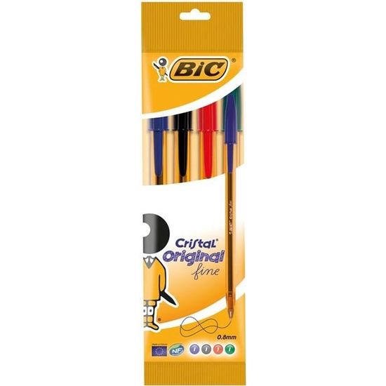 BIC® - Lot de 4 Stylos à bille Cristal® Fine Original - Noir, bleu ...