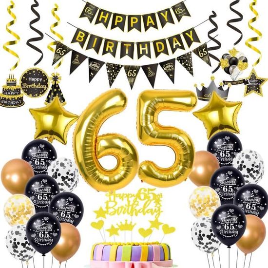 Ballons 65 Ans Anniversaire Homme Femme Décoration Noir Or, Décoration ...