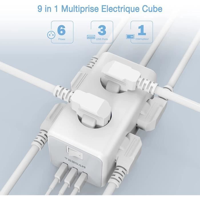 Multiprise USB Cube avec 6 Prises Française Multiple et 3 Ports USB, 9 ...