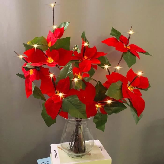 Lot De 2 Branches De Poinsettia Artificielles Lumineuses À Del Rouges ...