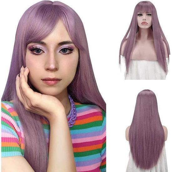 Perruque Longue Et Droite Avec Frange Mauve Perruques En Cheveux ...