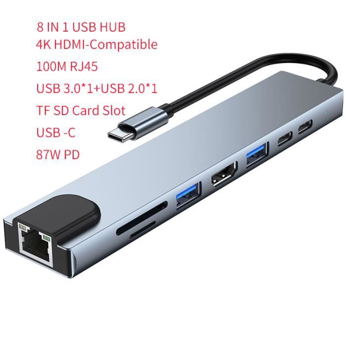 CONCENTRATEUR 8 EN 1 - HUB USB C vers RJ45 PD USB 3.0-2.0, fente pour ...