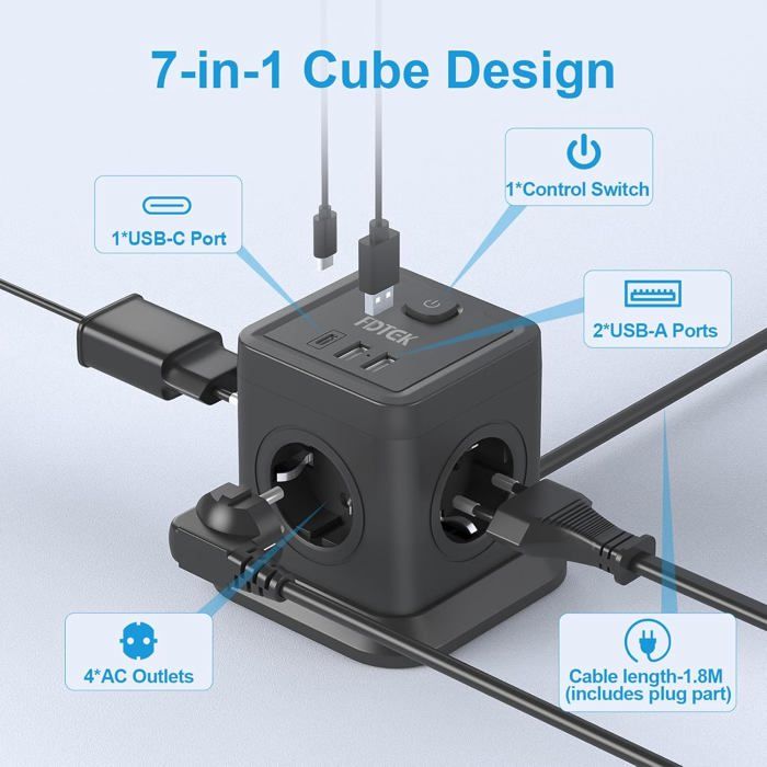 7 En 1 Multiprise Cube, Multiprise Electrique Avec 4 Prises (2500W/10A ...