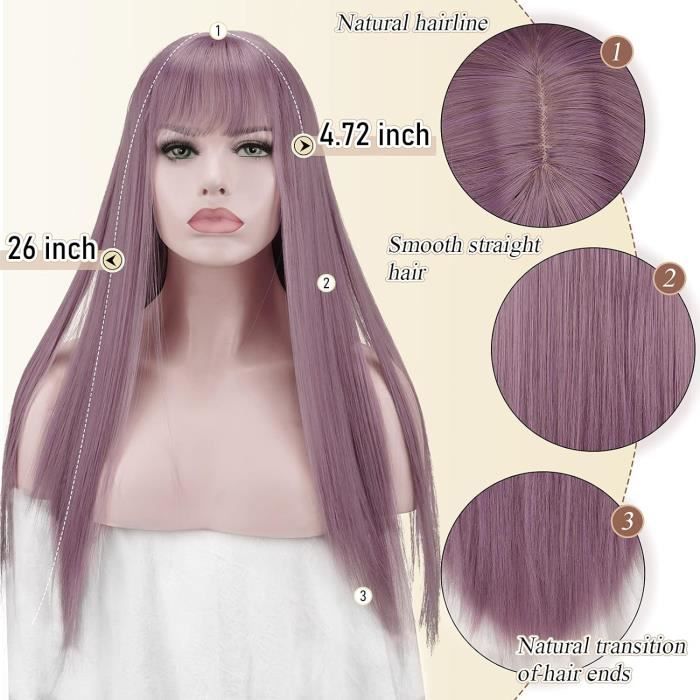Perruque Longue Et Droite Avec Frange Mauve Perruques En Cheveux ...