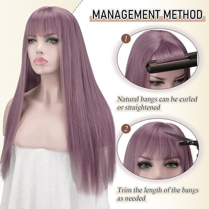 Perruque Longue Et Droite Avec Frange Mauve Perruques En Cheveux ...