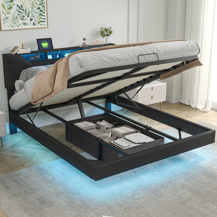 160x200cm lit coffre, lit adulte LED avec chargeur USB, lit double ...