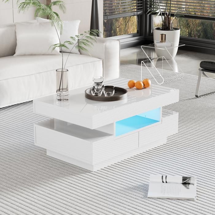 Table Basse avec Barre Lumineuse Led et Quatre Tiroirs, Grand Espace de ...